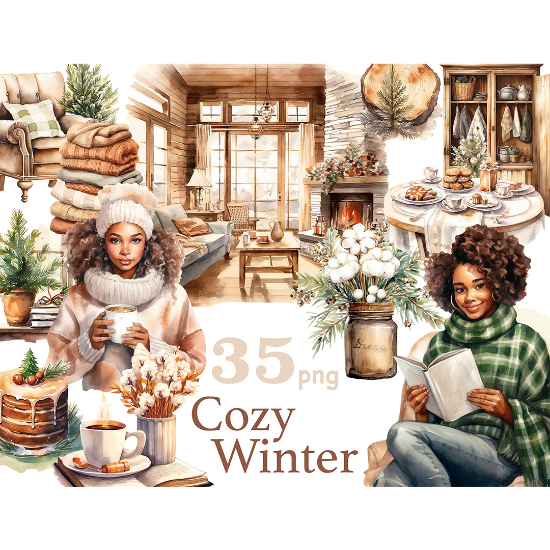 Cozy Winter Clipart | Reading Black Girl Clipart | Inspire Uplift
