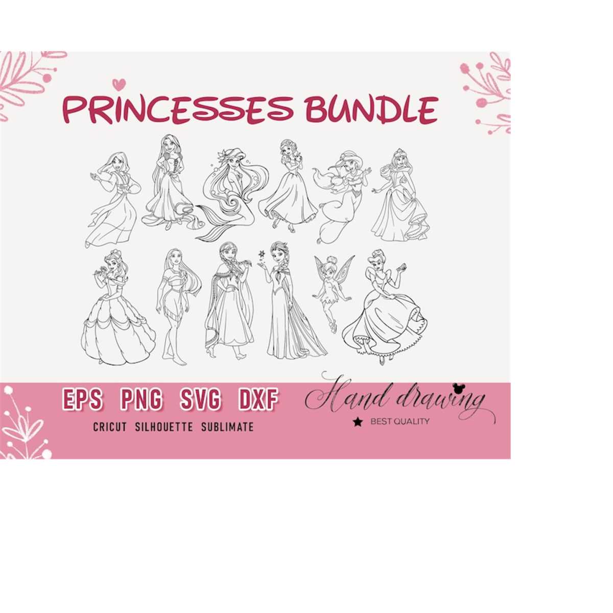 Princesses Bundle Outline SVG PNG, Cartoon Princess clipart, | Inspire ...