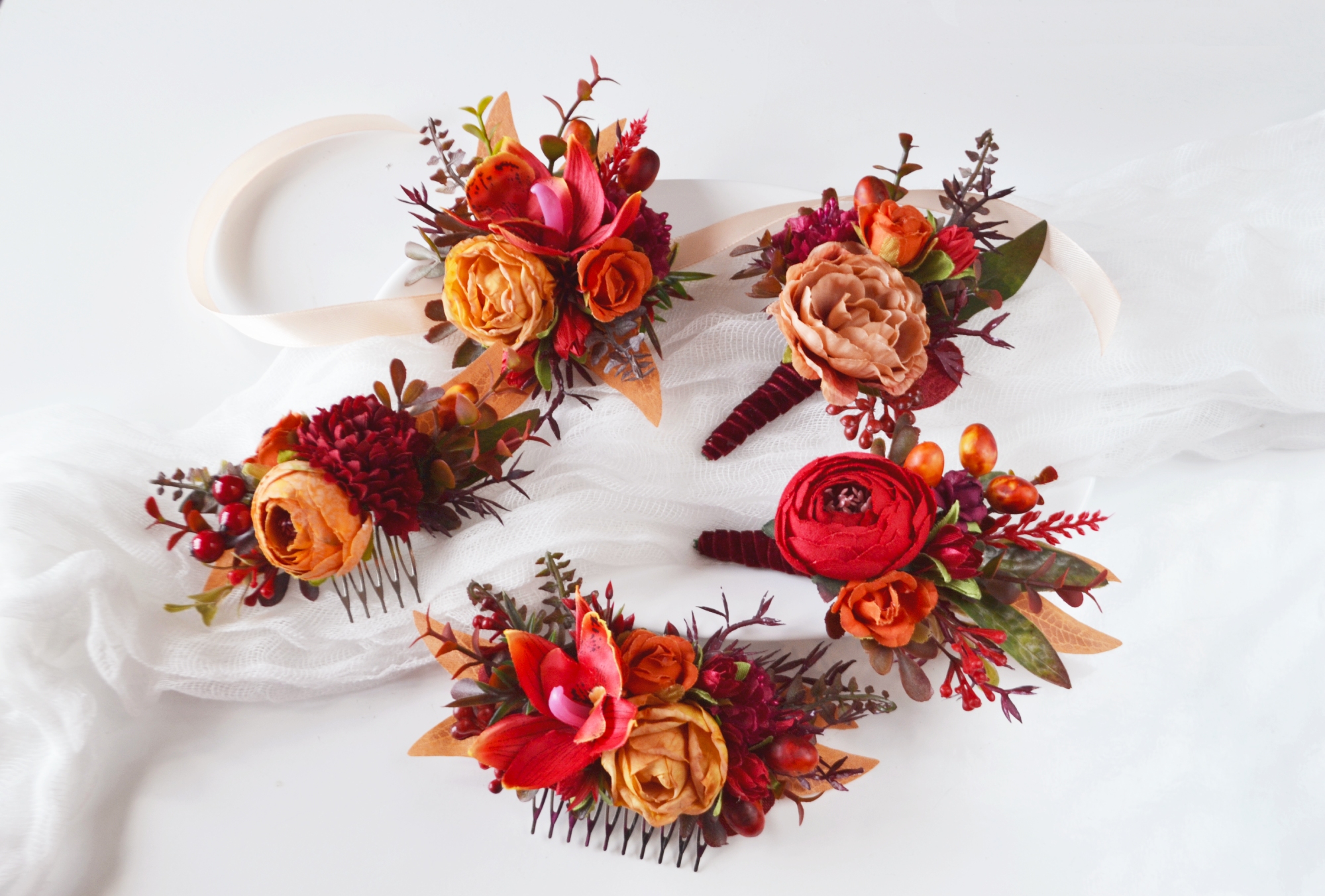 Set of Rust red burgundy flower accessories Wedding hair com | Inspire ...