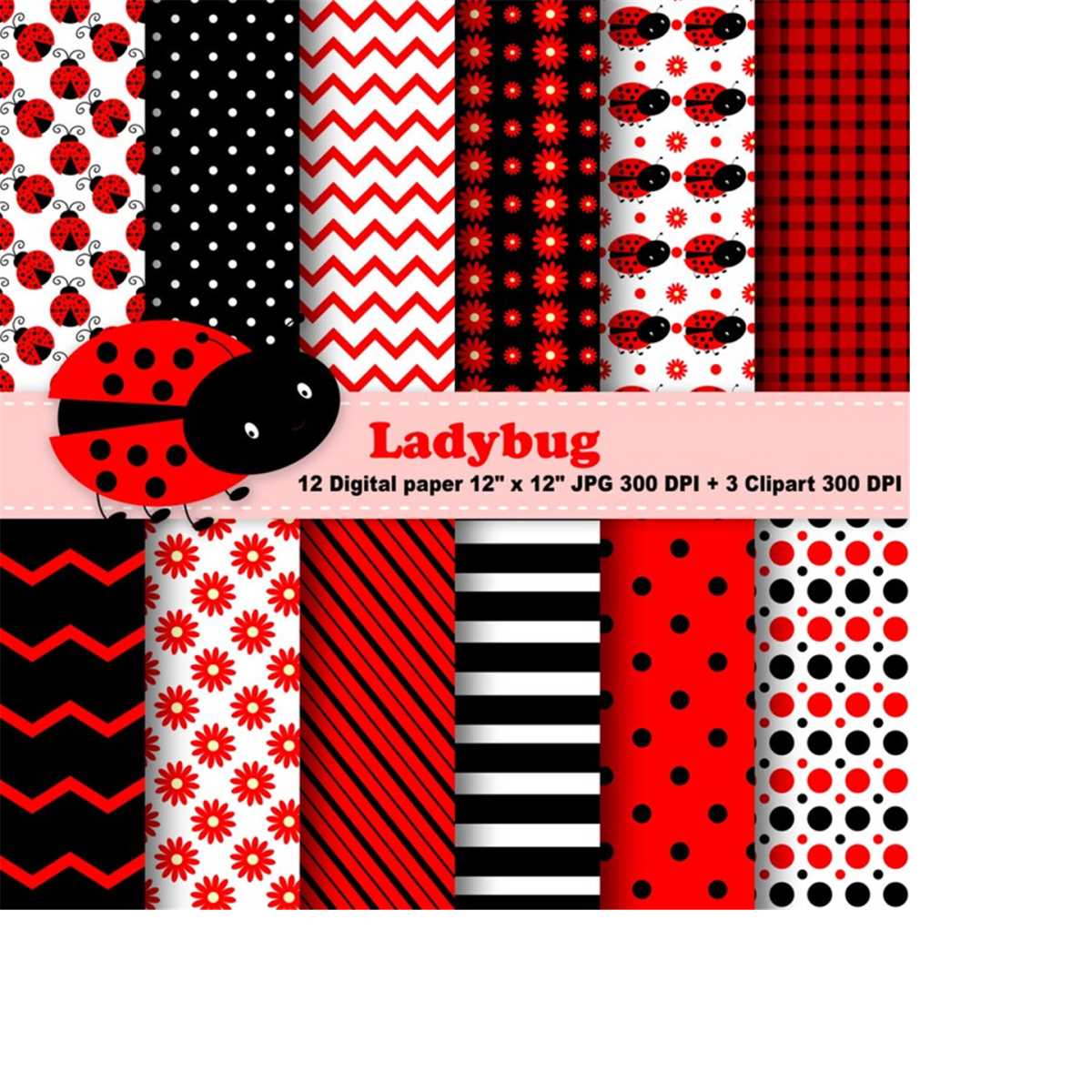 Ladybug Digital Paper, Ladybug Clipart, Flowers, Polka Dots, | Inspire ...