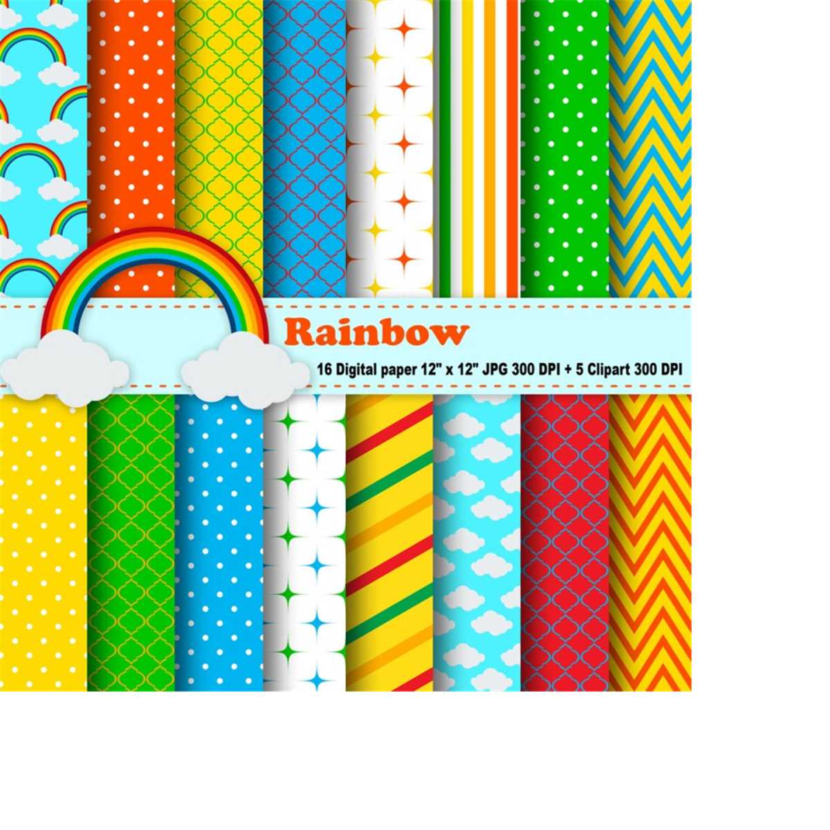Rainbow Digital Paper, Rainbow Clipart, Clouds, Polka Dot, C | Inspire ...
