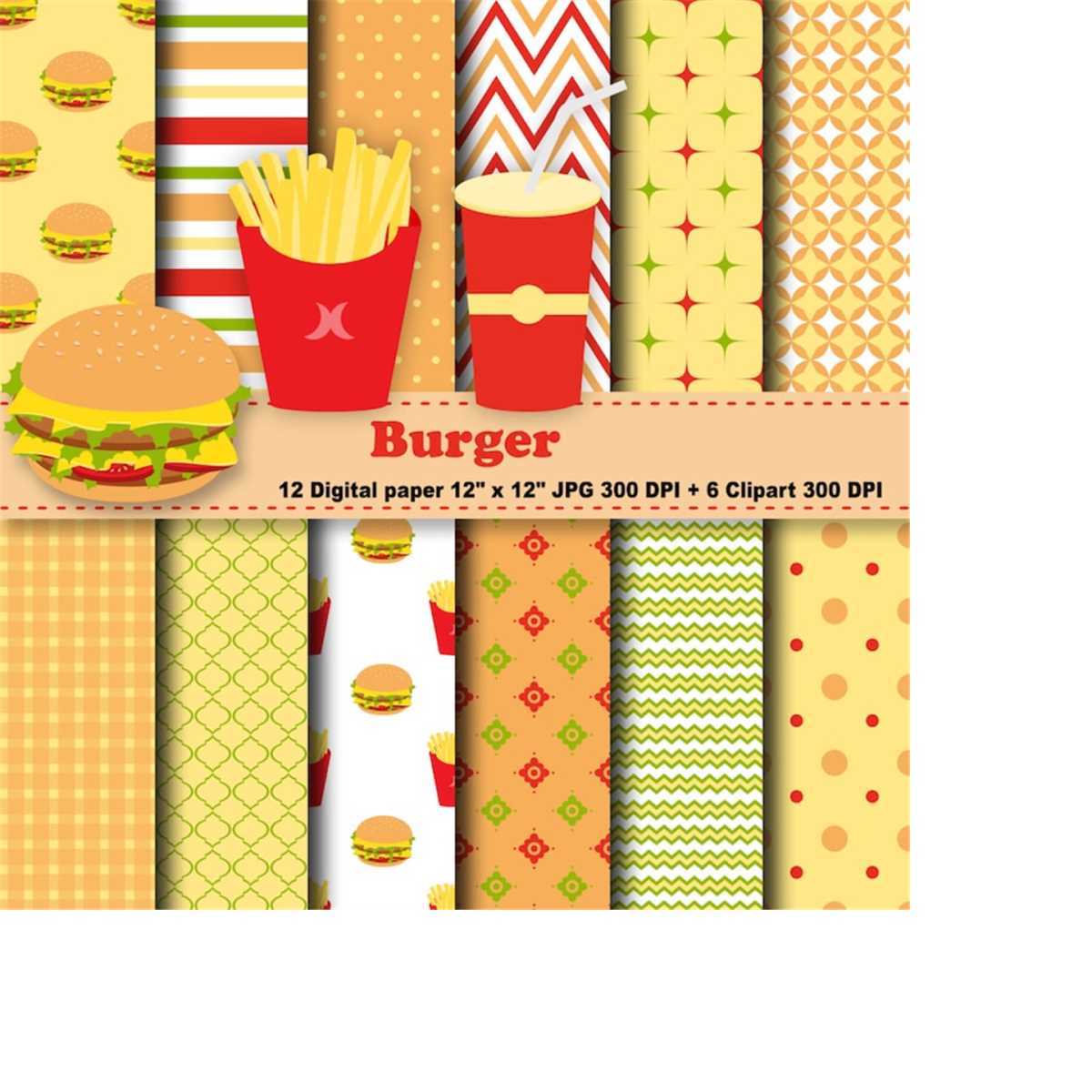 Burger Digital Paper, Burger Clipart, Fast Food, Hamburger, - Inspire ...