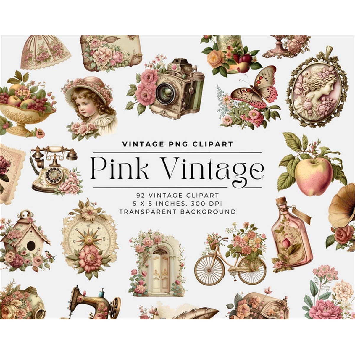 Pink Vintage PNG, Vintage Scrapbook Clipart Bouquets, Eleme - Inspire ...
