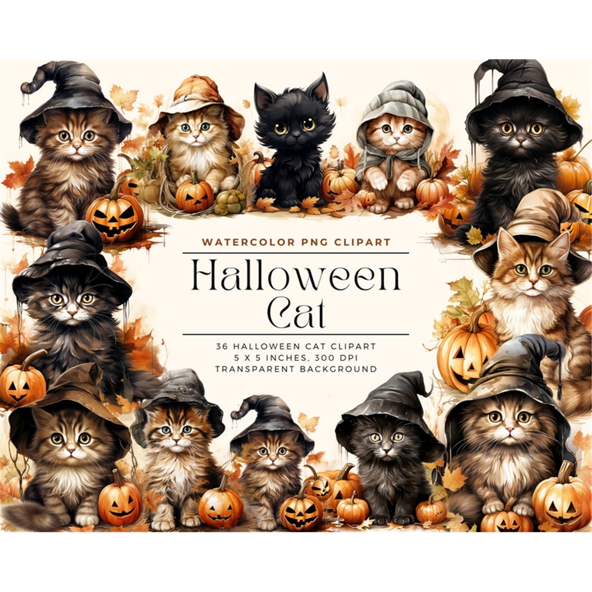 Watercolor Cute Halloween Cat Collection Clipart, Black Cat - Inspire ...