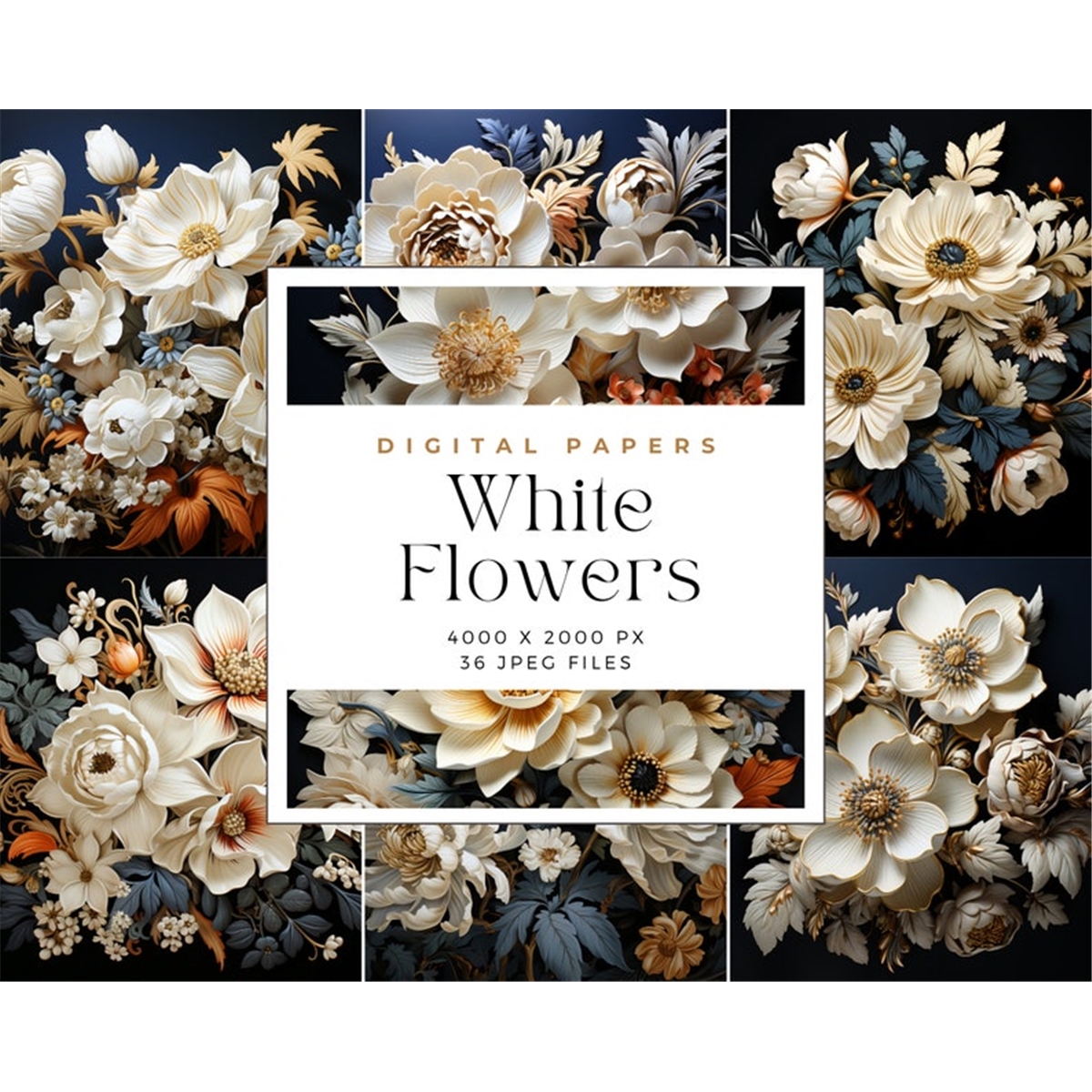 3D White Flowers Digital Paper, NOT seamless, White Floral D | Inspire ...