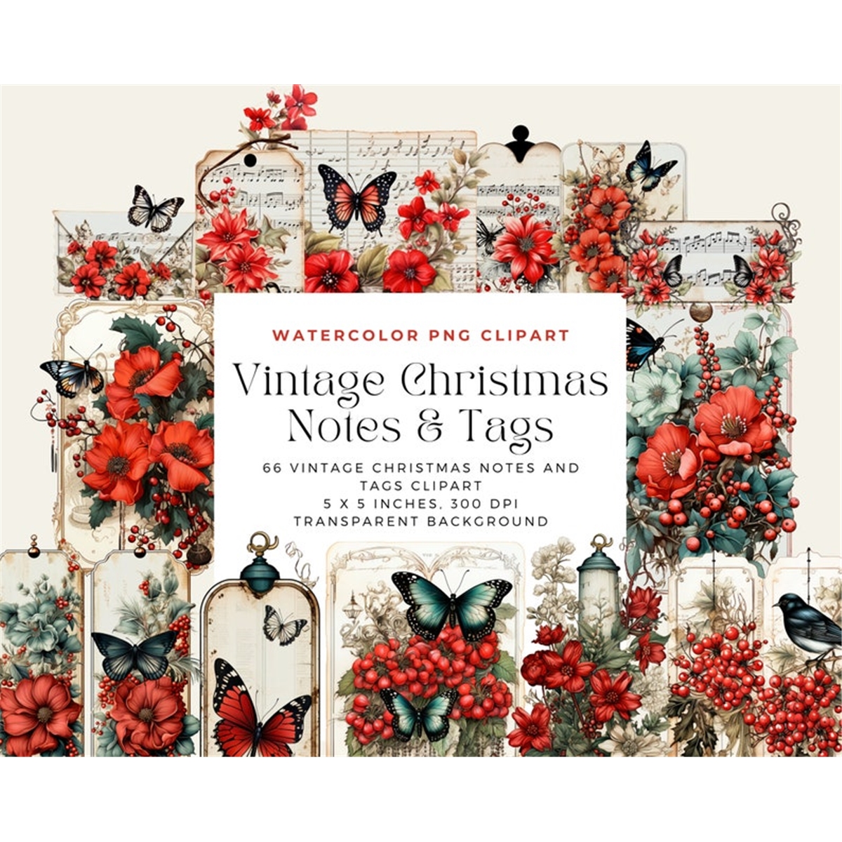 Christmas Vintage Watercolor Notes and Tags PNG Clipart Imag | Inspire ...