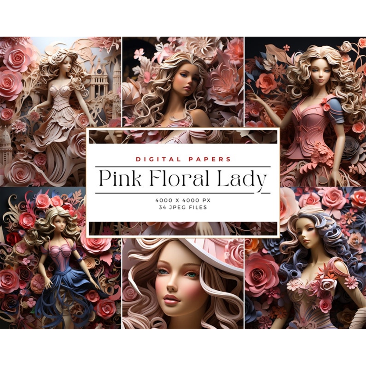 Pink Floral Lady Digital Paper Backgrounds, Princess Digital | Inspire ...