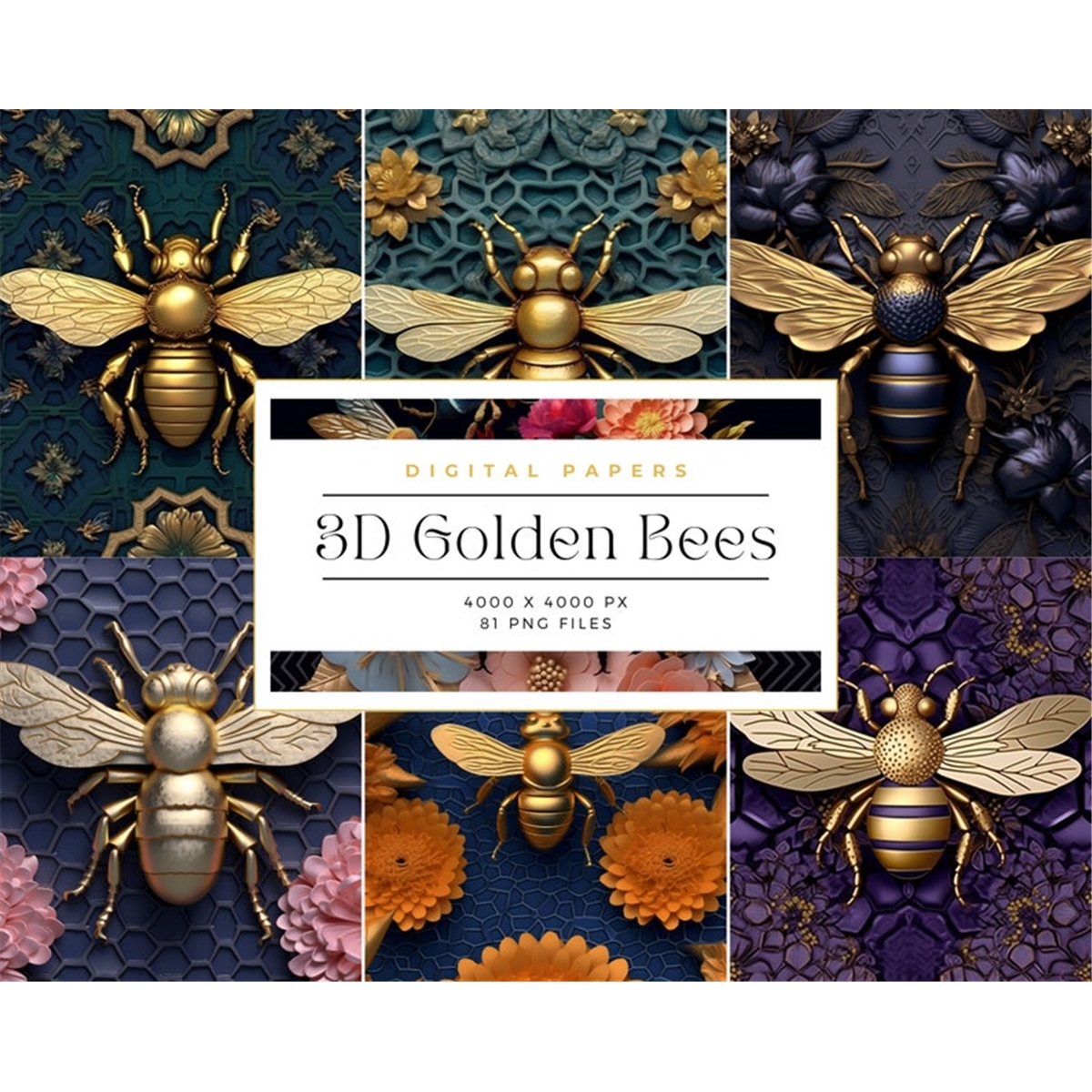 3d Golden Bees, Commercial Use, Digital paper | Inspire Uplift