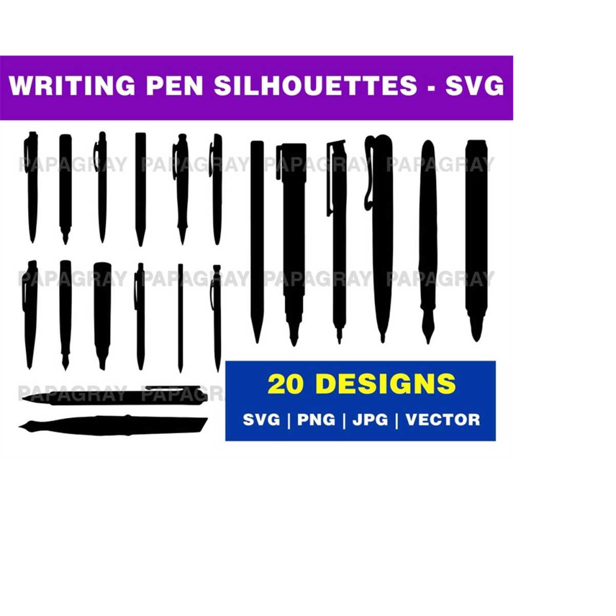 Writing Pens SVG Silhouette Pack - 20 Designs | Digital Down | Inspire ...