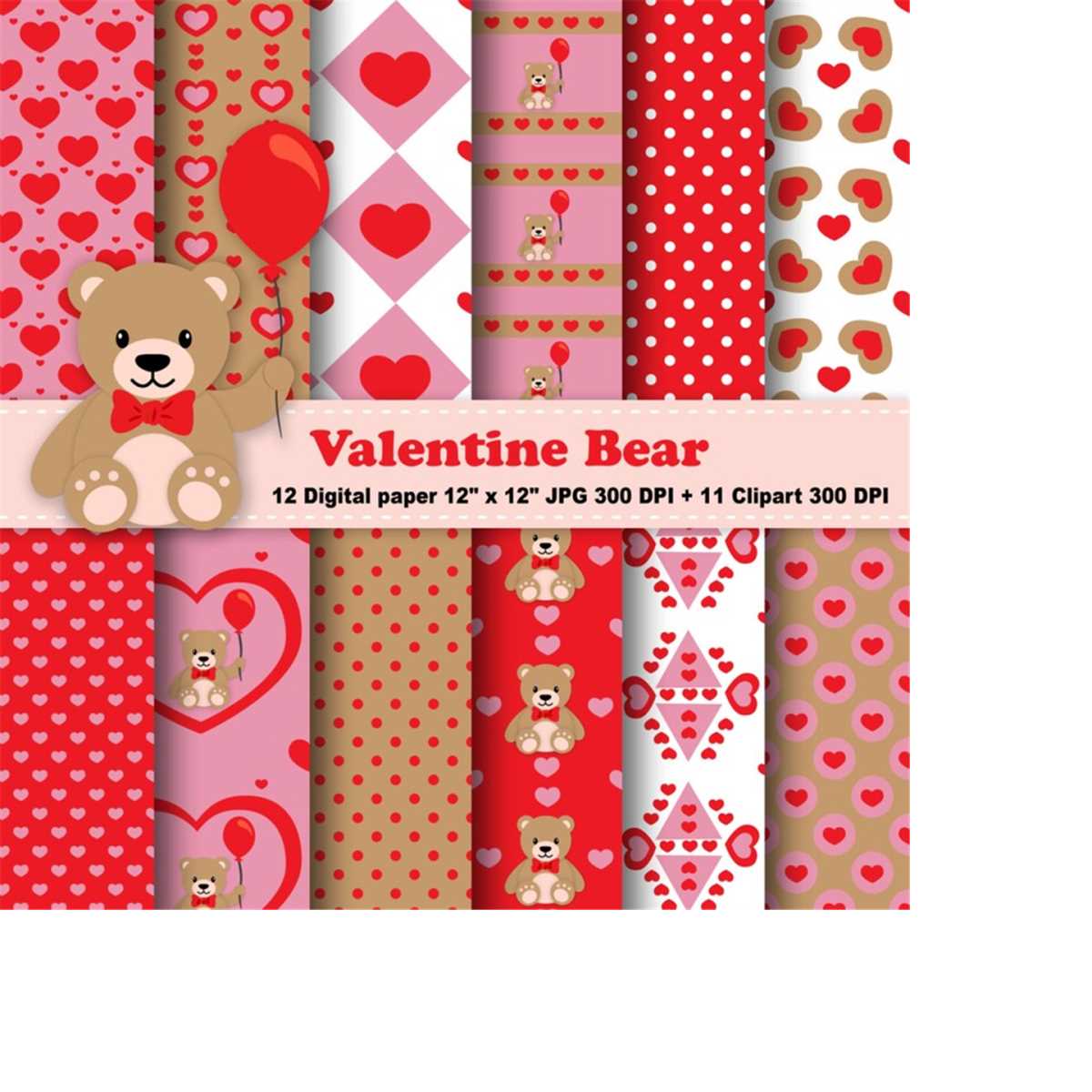 Valentine Bear Digital Paper, Bear Clipart, Teddy Bear, Love | Inspire ...