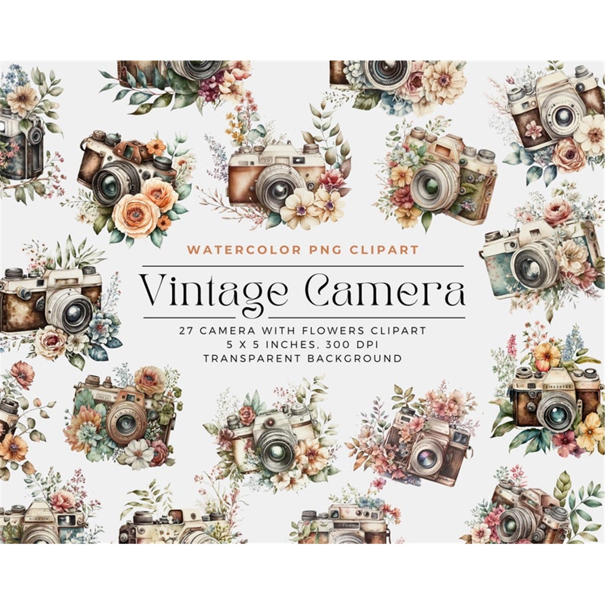 Vintage Watercolor Camera Clipart, Vintage Floral Camera, Co | Inspire ...