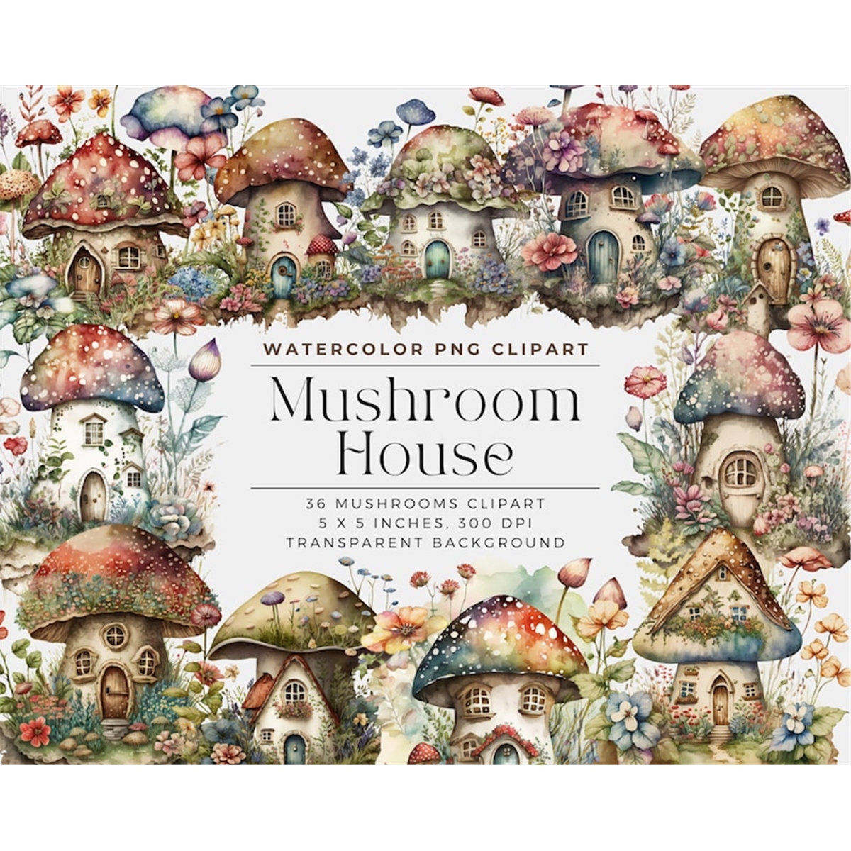 Forest Mushroom House Clipart, Watercolor Mushrooms Clipart, | Inspire ...