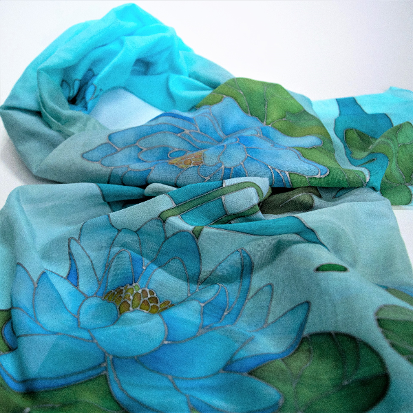 Women Scarf: Large Blue Hand-painted Lotus Scarf | Inspire Uplift