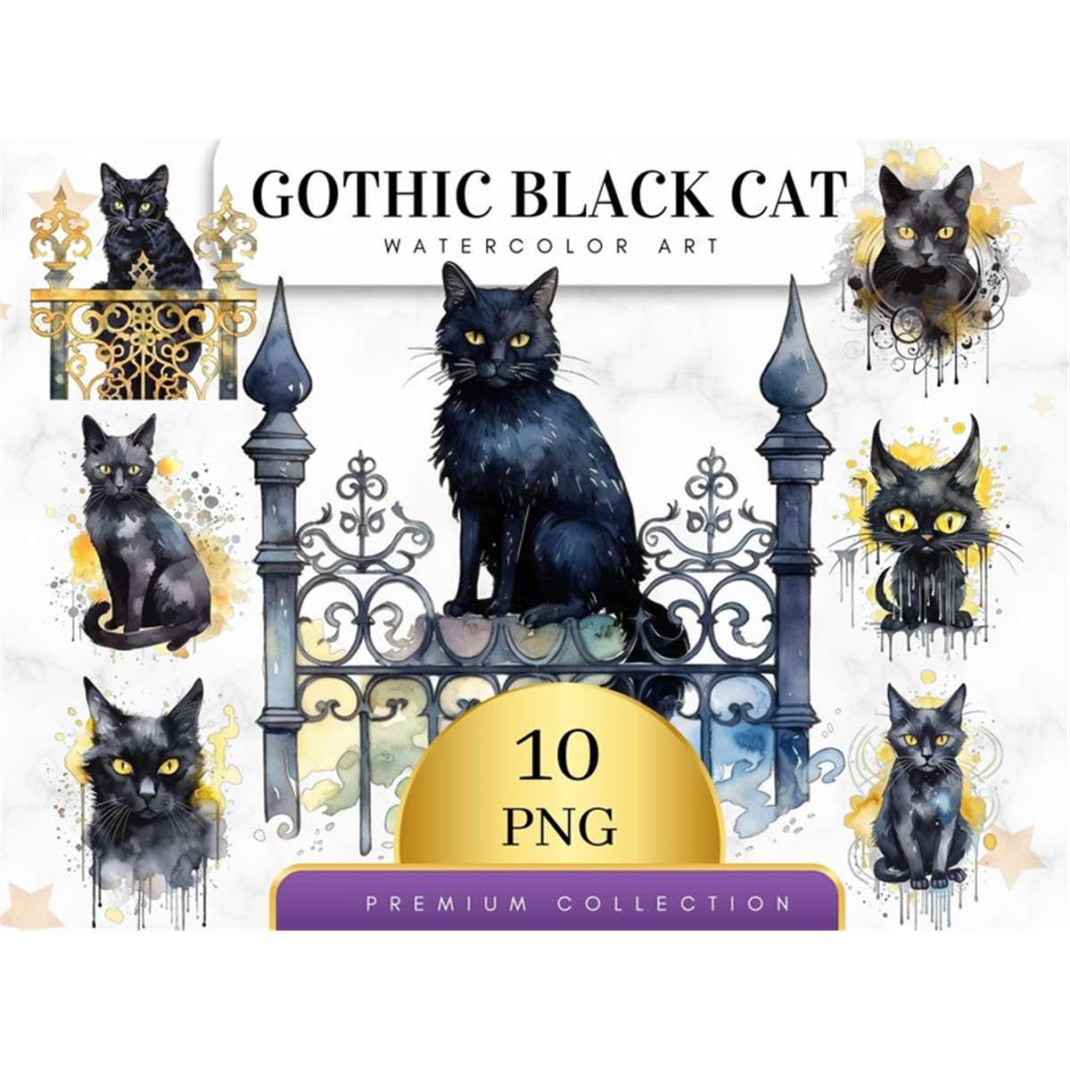 Set of 10, Watercolor Fantasy Gothic Black Cats Png, Black C | Inspire ...