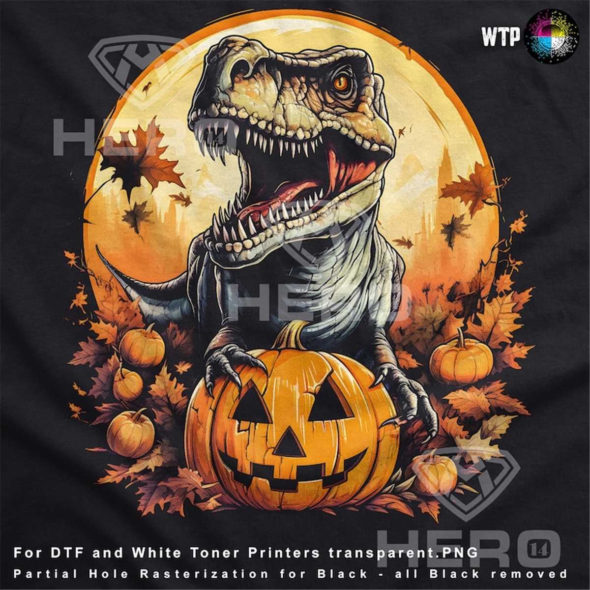 T-Rex Dinosaur in Fall with Leaves and Pumpkin Roaring T-Rex - Inspire ...