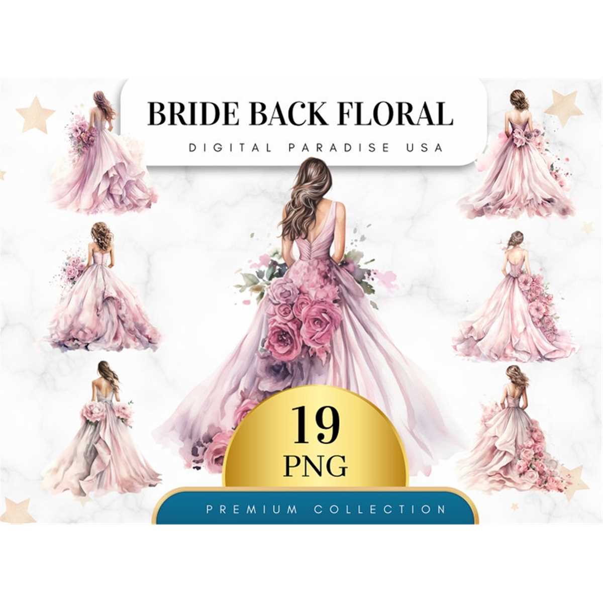 Set of 19, Watercolor Bride Back Floral Clipart, Wedding Day | Inspire ...
