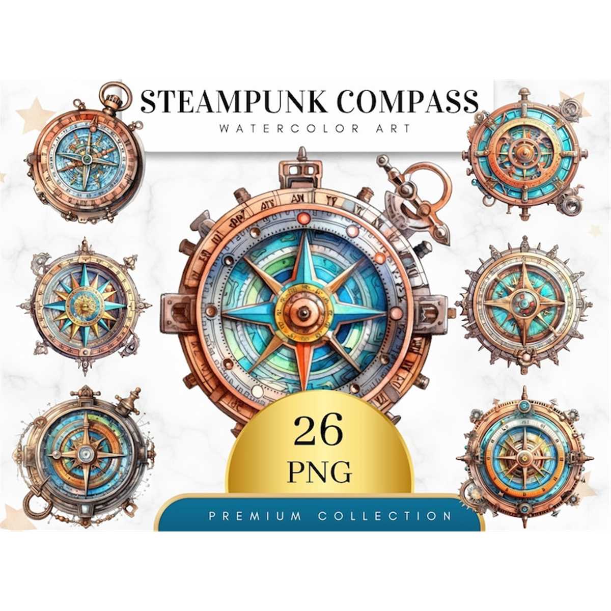 Set of 26, Steampunk Compass Clipart, Vintage Compass PNG, V | Inspire Uplift