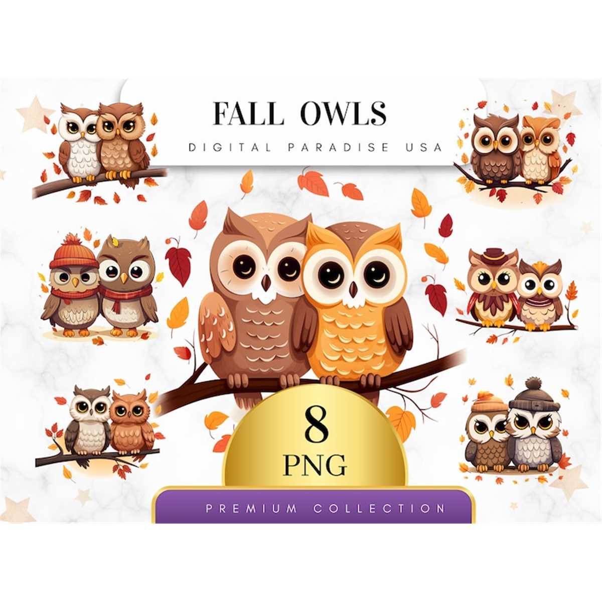 Set of 8, Fall Owls Clipart, Autumn Owl PNG, Owl Clipart, Wo | Inspire ...