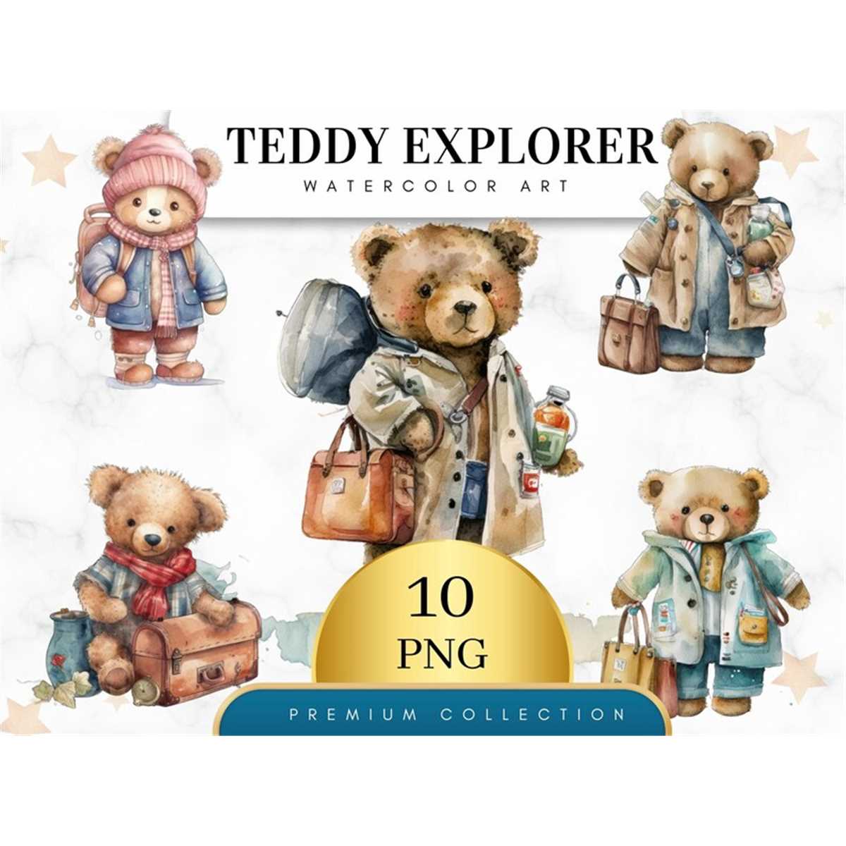 Set of 10, Watercolor Teddy Explorer, Teddy Bear PNG, Nurser - Inspire ...
