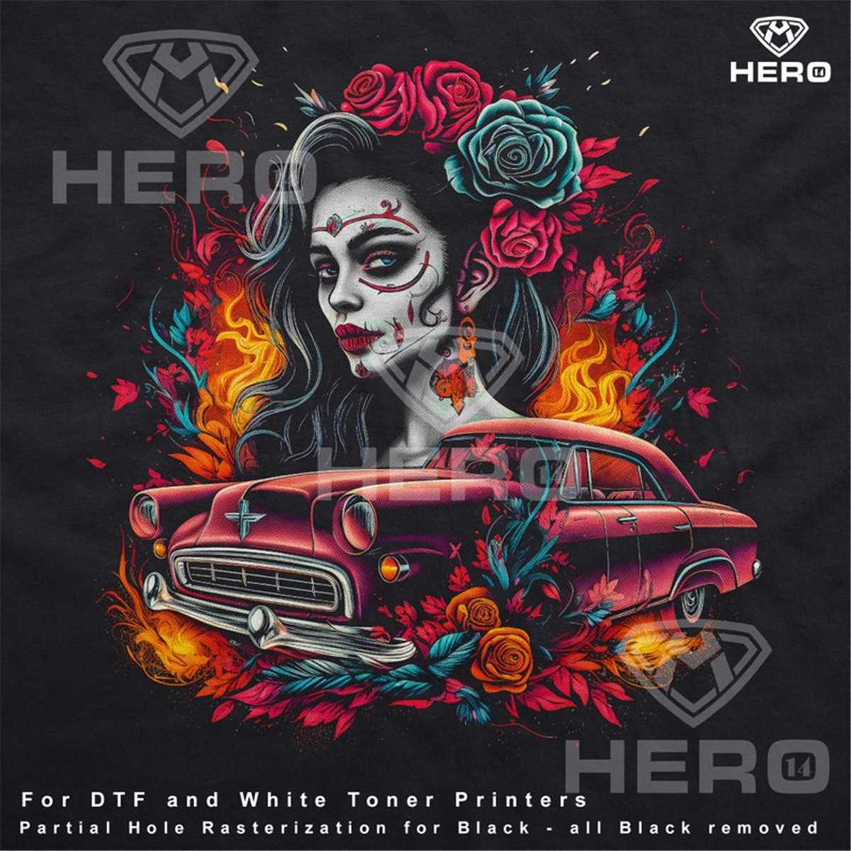 Chevy Low Rider Roses on fire Png Skull lady 50s Car Png Bla | Inspire ...