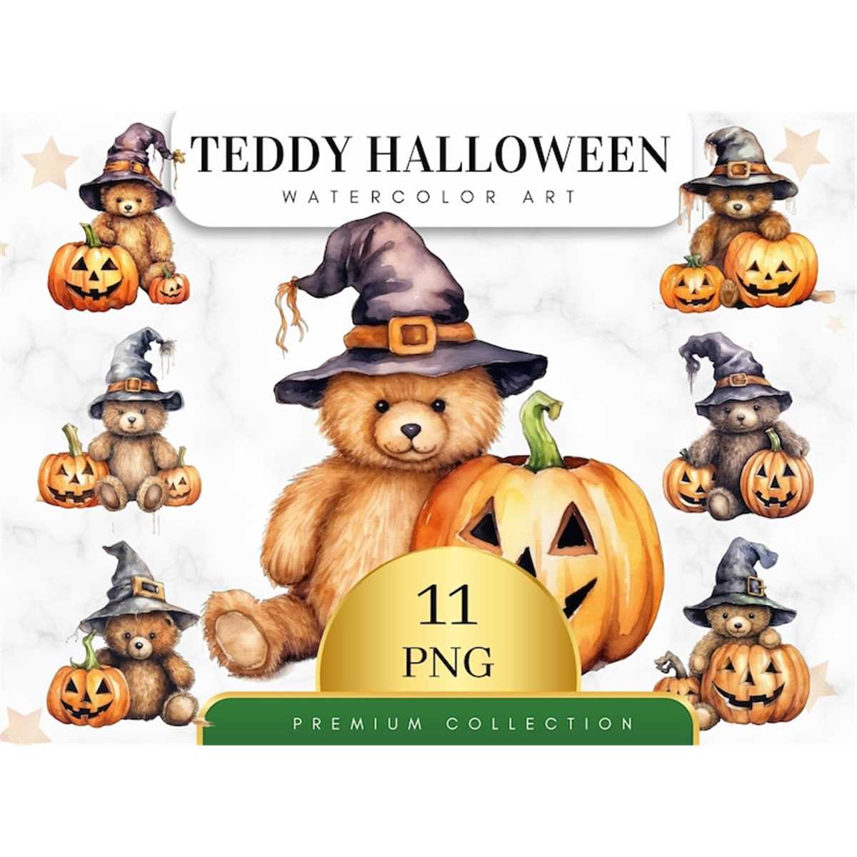Set of 11, Watercolor Teddy Bear Halloween, Teddy Bear PNG, | Inspire ...
