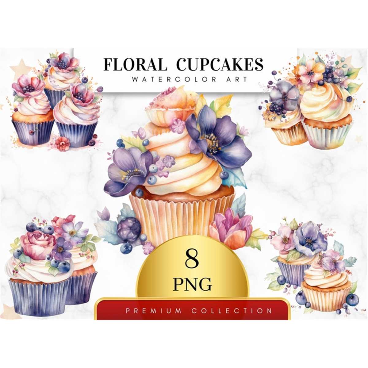 Set of 8, Watercolor Floral Cupcakes Clipart, Watercolor Cak | Inspire ...
