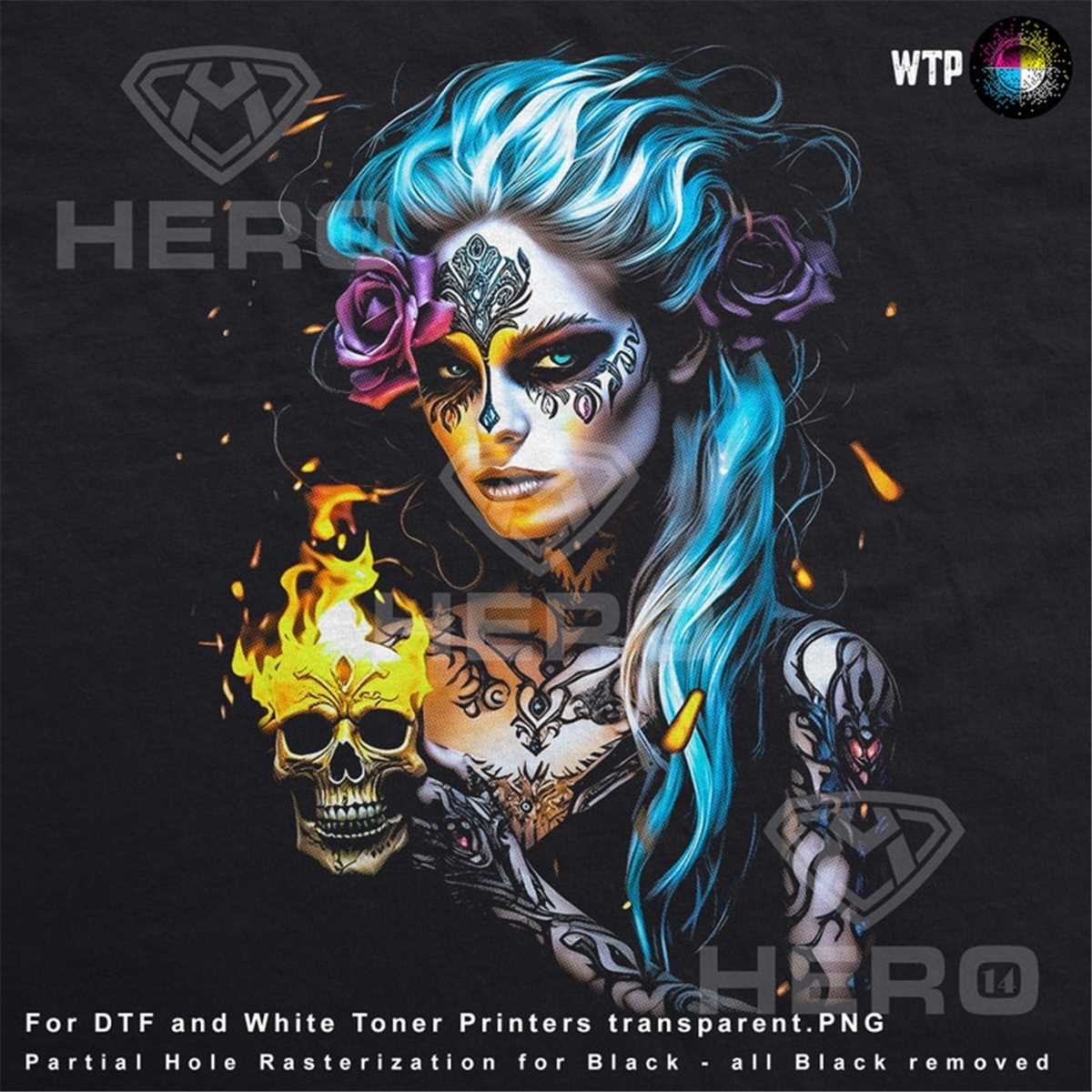 Witch Colorful Hair Holding burning Skull Face Woman Dark Fa | Inspire ...