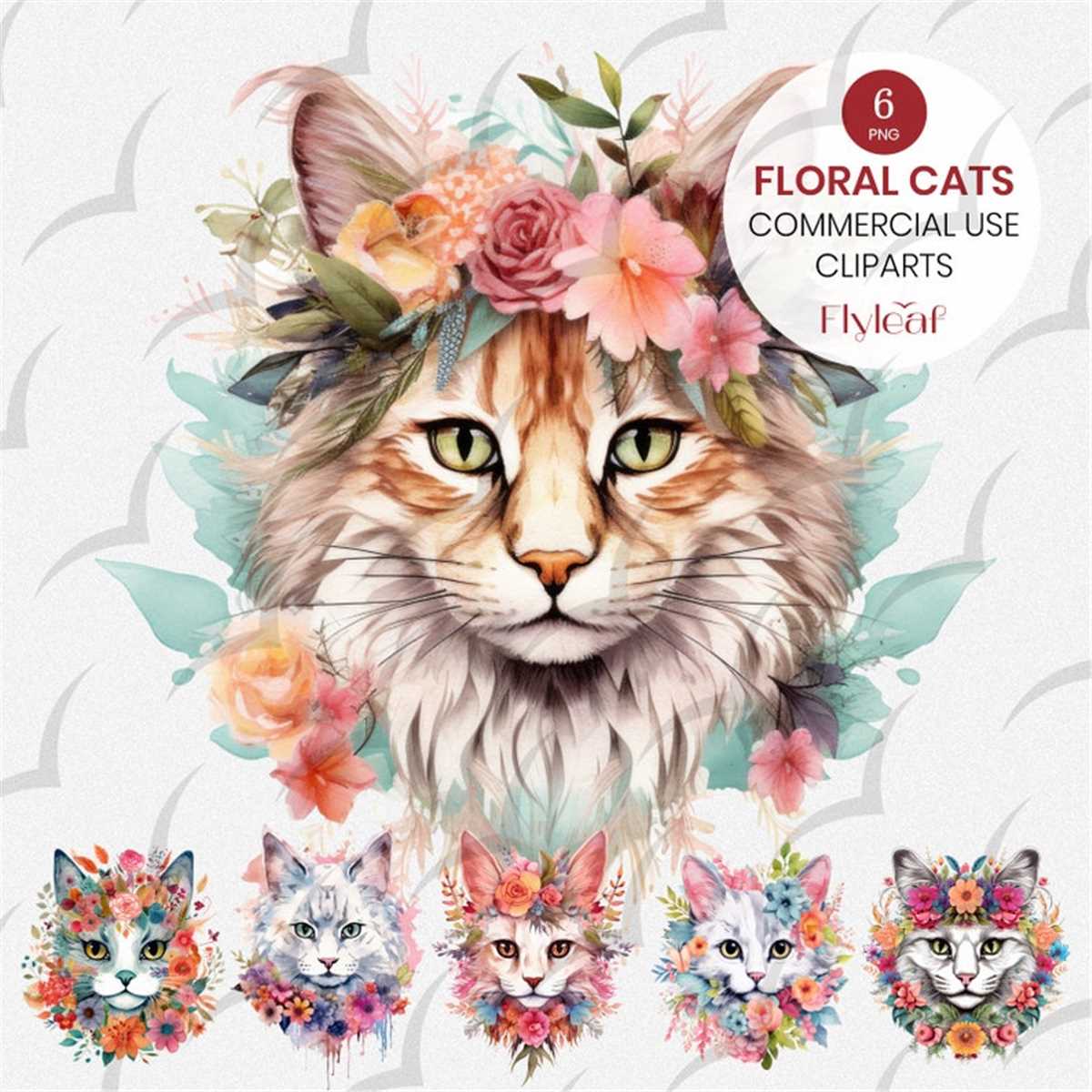 Floral Cats Clipart, Watercolor Fantasy Kitten Clipart, Kawa - Inspire ...