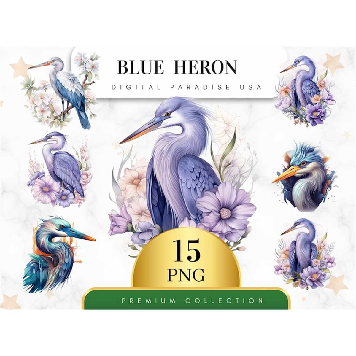 Set of 15, Blue Heron Clipart, Heron PNG, Watercolor Heron, | Inspire ...