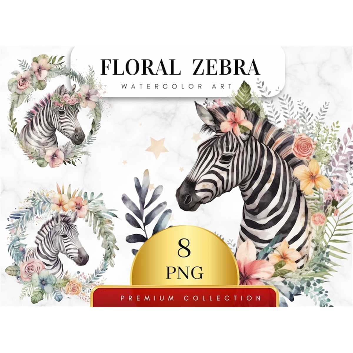 Set of 8, Watercolor Floral Zebra Clipart, Zebra PNG, Zebra - Inspire ...