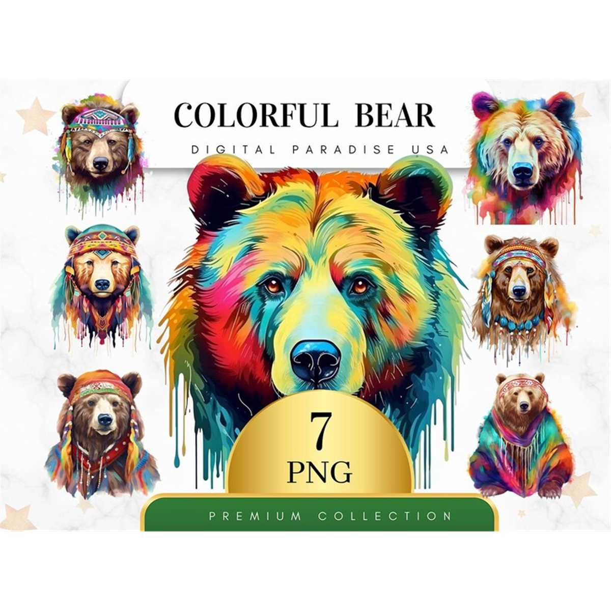 Set of 7, Colorful Bear Clipart, Bear PNG, Cute Animal Clipa - Inspire ...