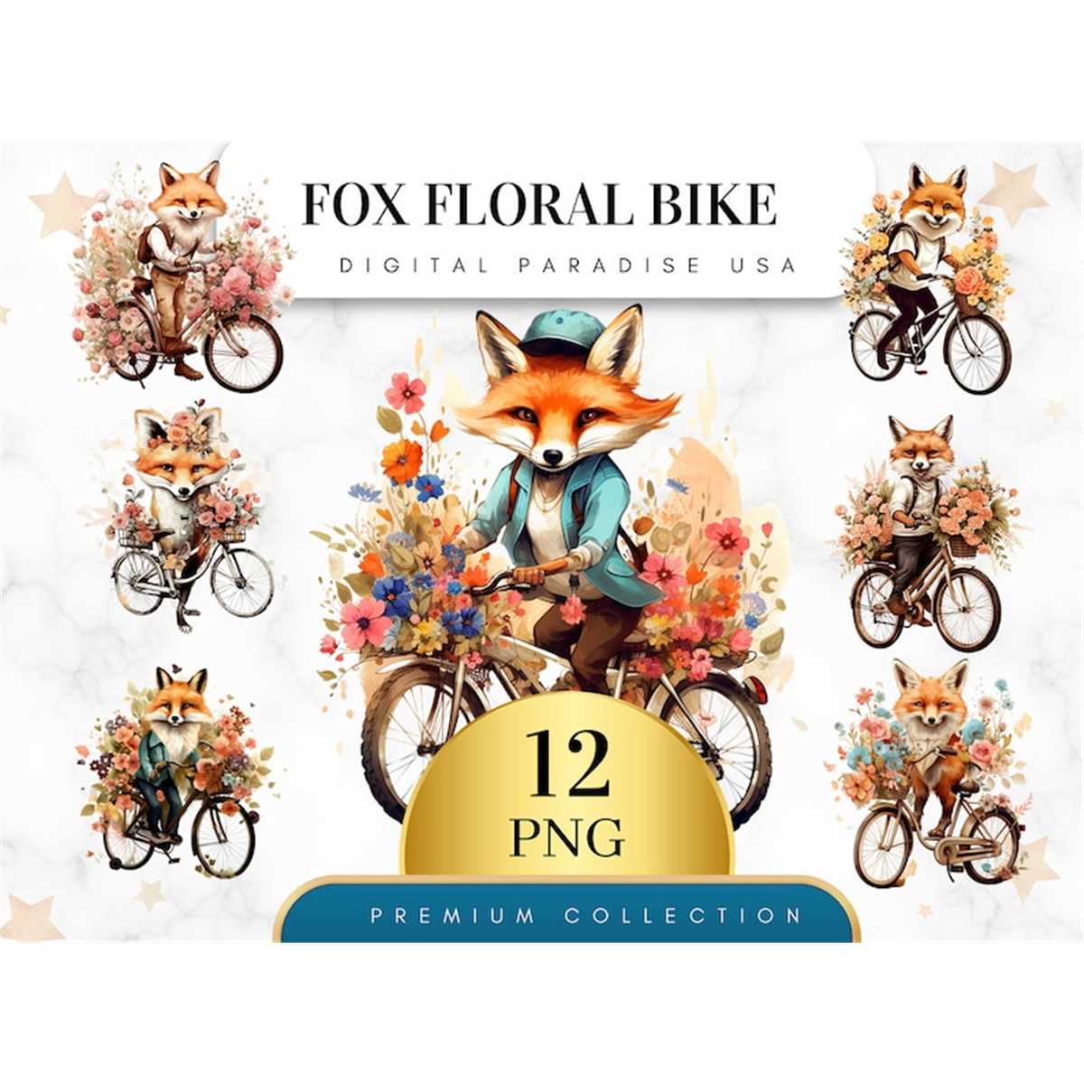 Set of 12, Fox Floral Bike Clipart, Bike Clipart, Fox Clipar | Inspire ...