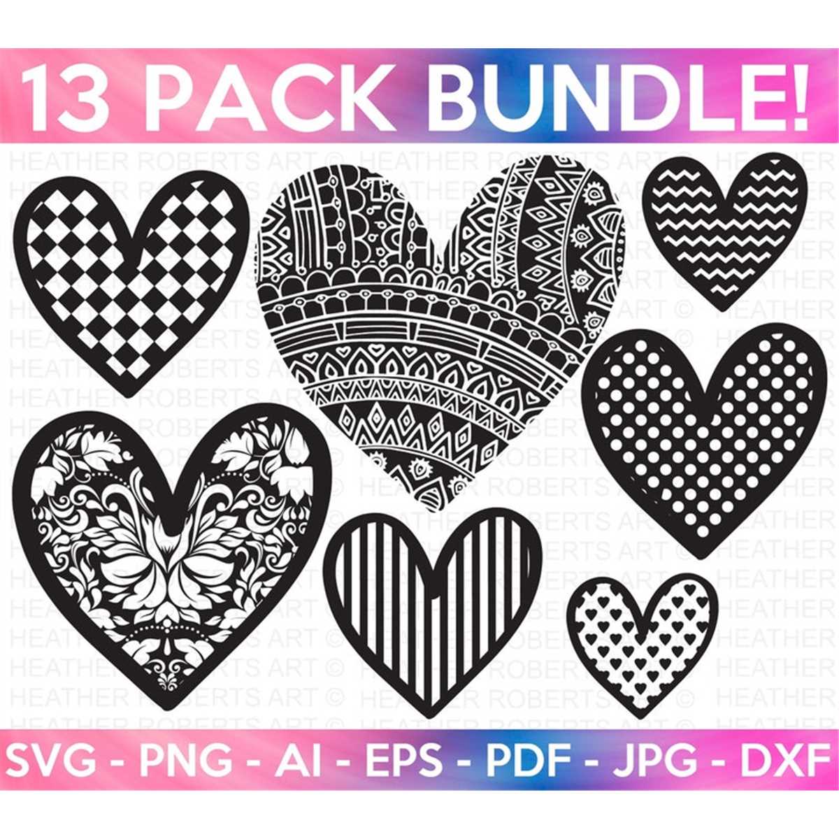 Heart SVG Bundle, Patterned Heart SVG, Sketch, Hand-drawn He | Inspire ...
