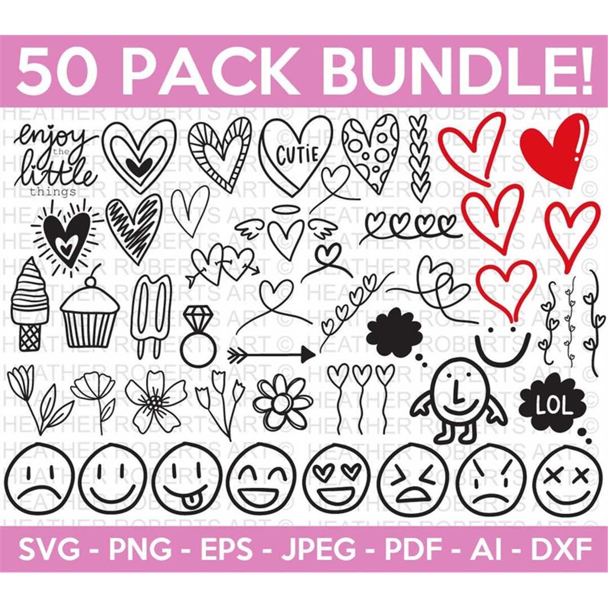 Doodle SVG Bundle, Heart SVG, Emoji Svg, Flowers svg, Ice Cr | Inspire ...
