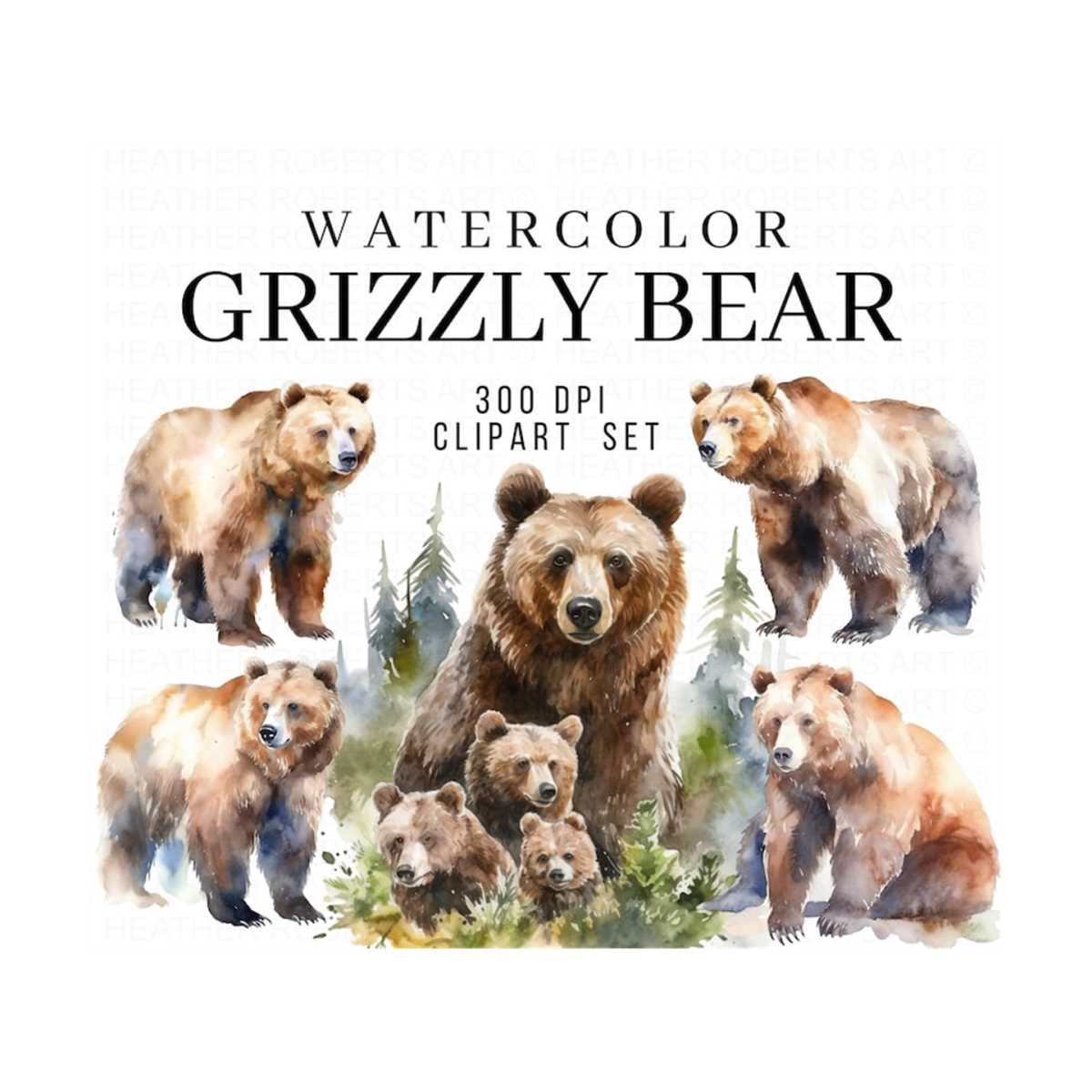 Grizzly Bear Watercolor Clipart, Grizzly Bear Cute Clip Art, | Inspire ...