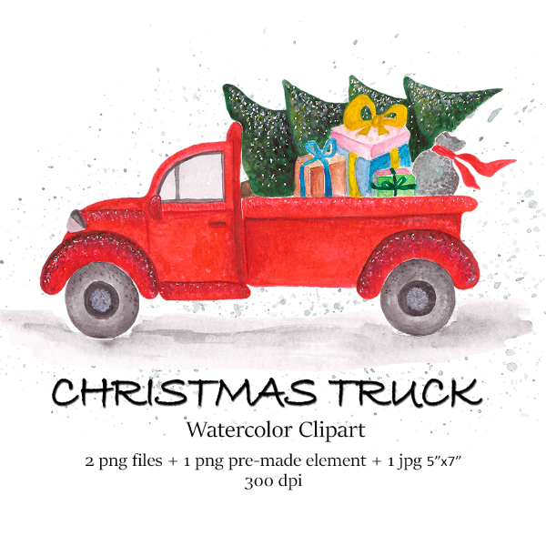 Christmas truck clipart, Watercolor red pickup truck png - Inspire Uplift
