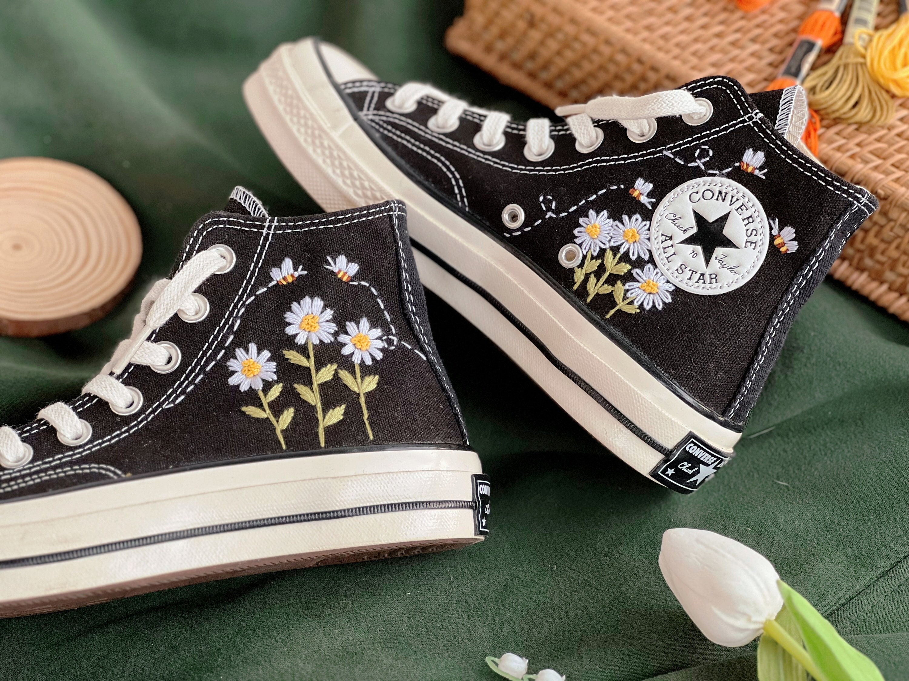 Flower Converse,Custom Converse White Chrysanthemum And Bees | Inspire ...