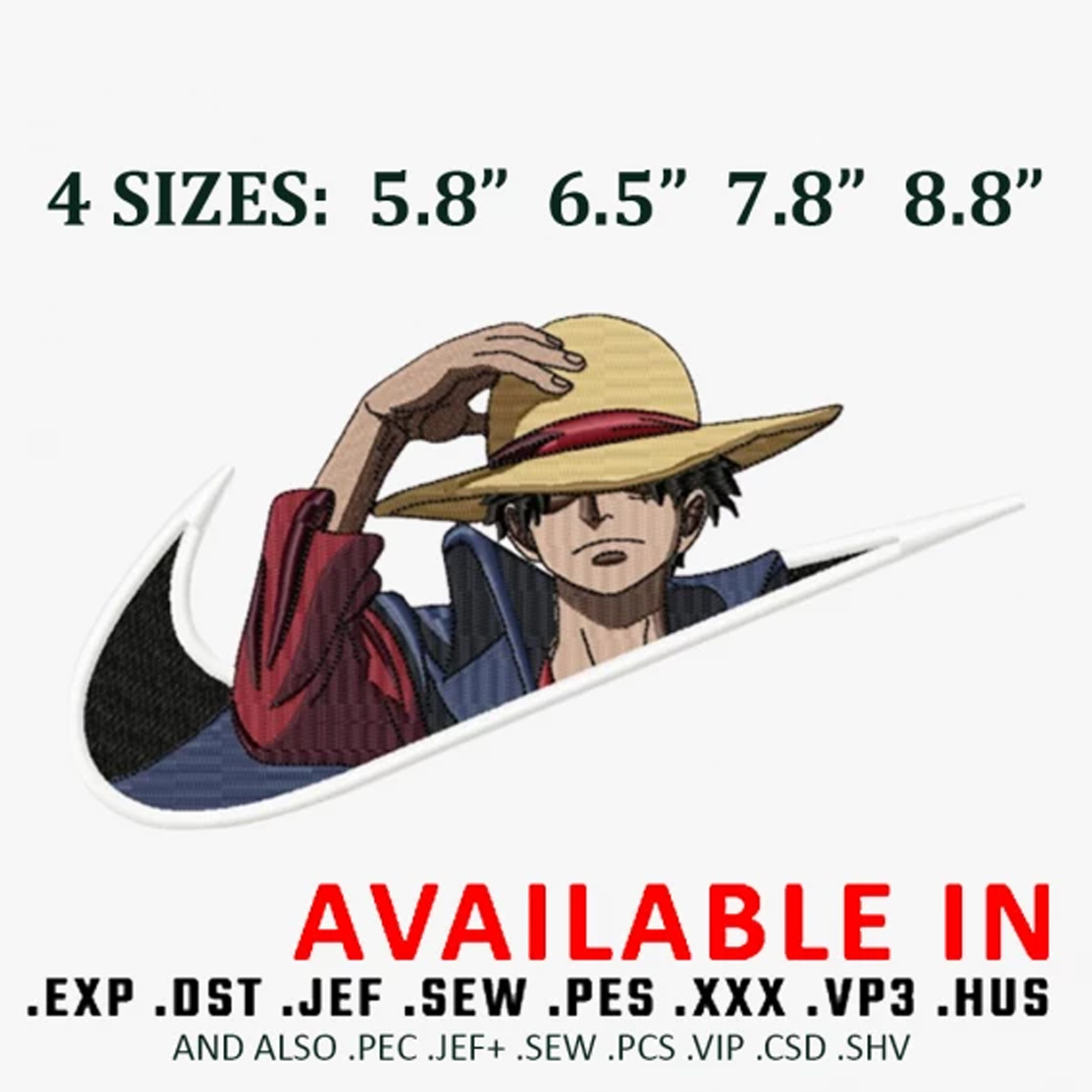 Luffy x nike logo embroidery design, Anime Embroidery, Anime | Inspire ...