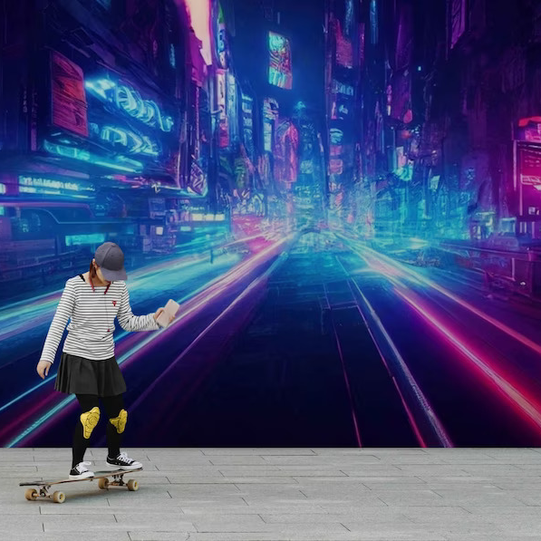Cyberpunk City Mural Futuristic Wallpaper Blue Pink Light | Inspire Uplift
