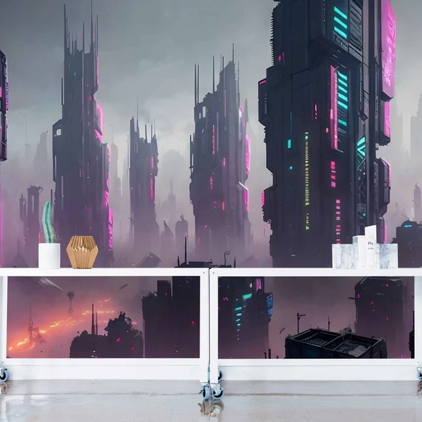 Neon Urban Mural Cyberpunk City Mural Digital Cityscape | Inspire Uplift