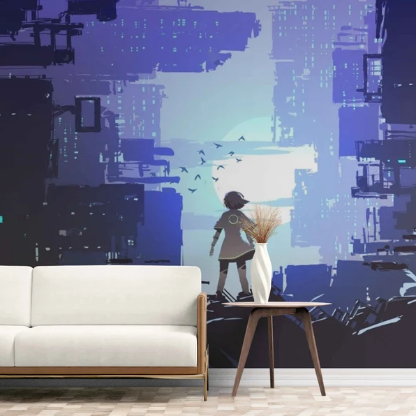 Young Girl Standing Cyberpunk City Mural decal | Inspire Uplift