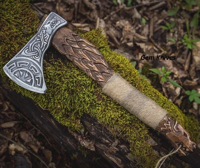 Hand Engraved Carbon Steel Viking Axe / Hatchet, Sharp Edge, - Inspire Uplift