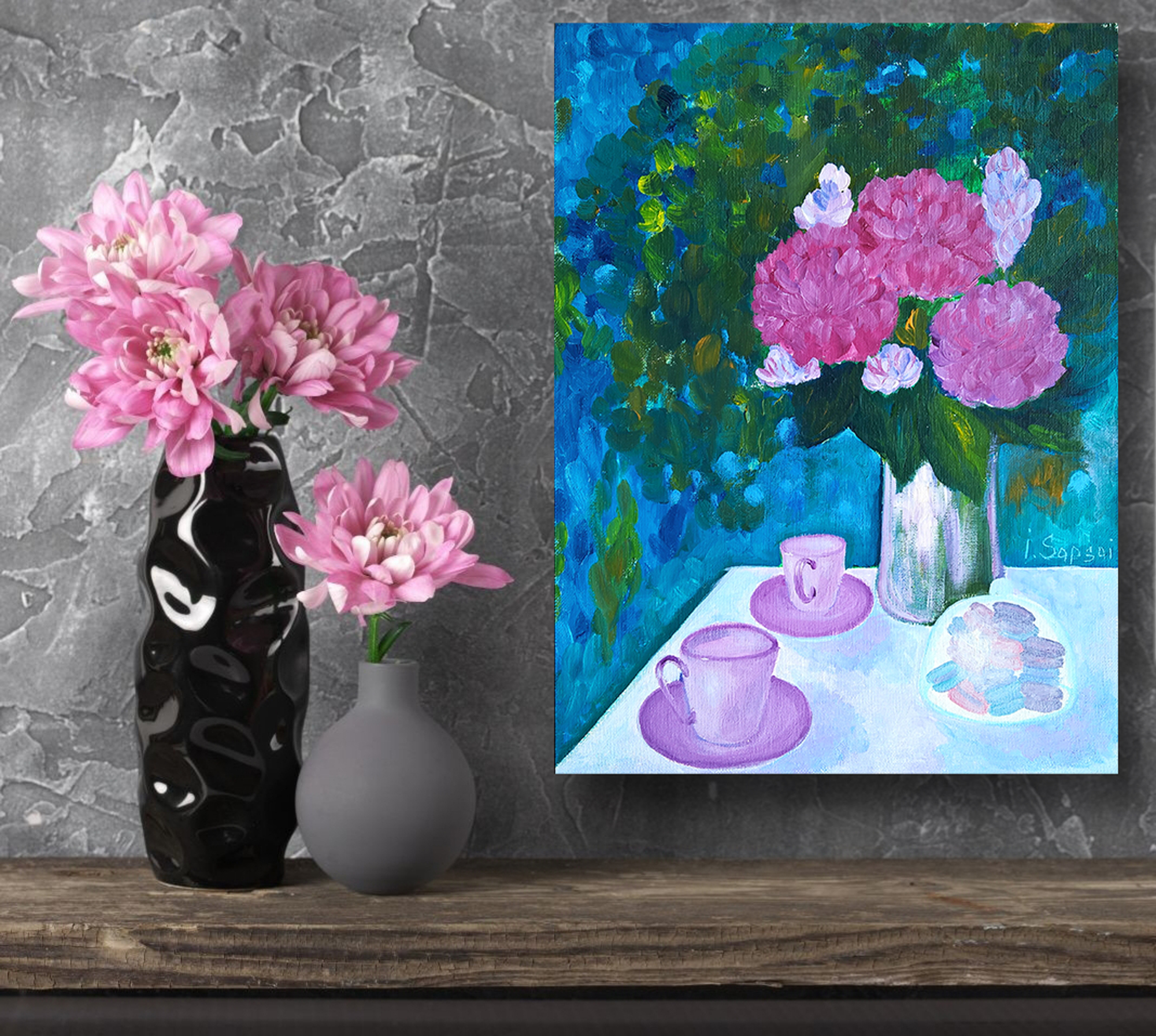 Classical food still life with flowers in a vase and cups - Inspire Uplift