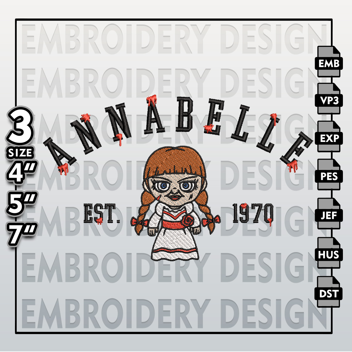 Halloween Machine Embroidery Pattern, Annabelle Est Embroide | Inspire ...