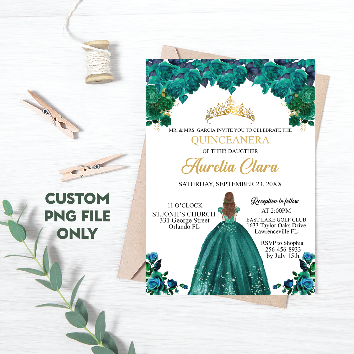 Personalized File Emerald Green Floral Quinceanera Invitatio | Inspire ...