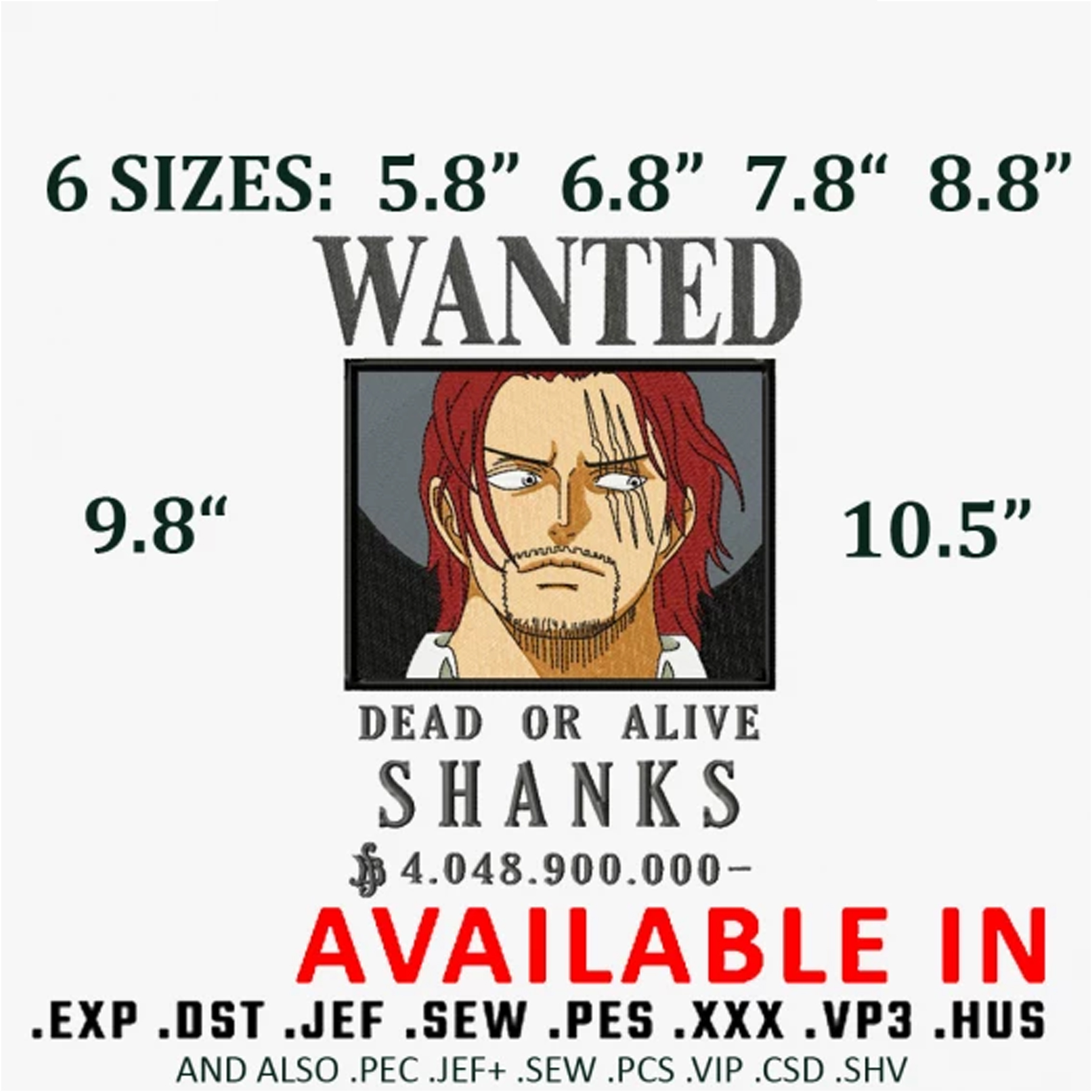 Shanks bounty embroidery design, Anime design, One piece Emb | Inspire ...