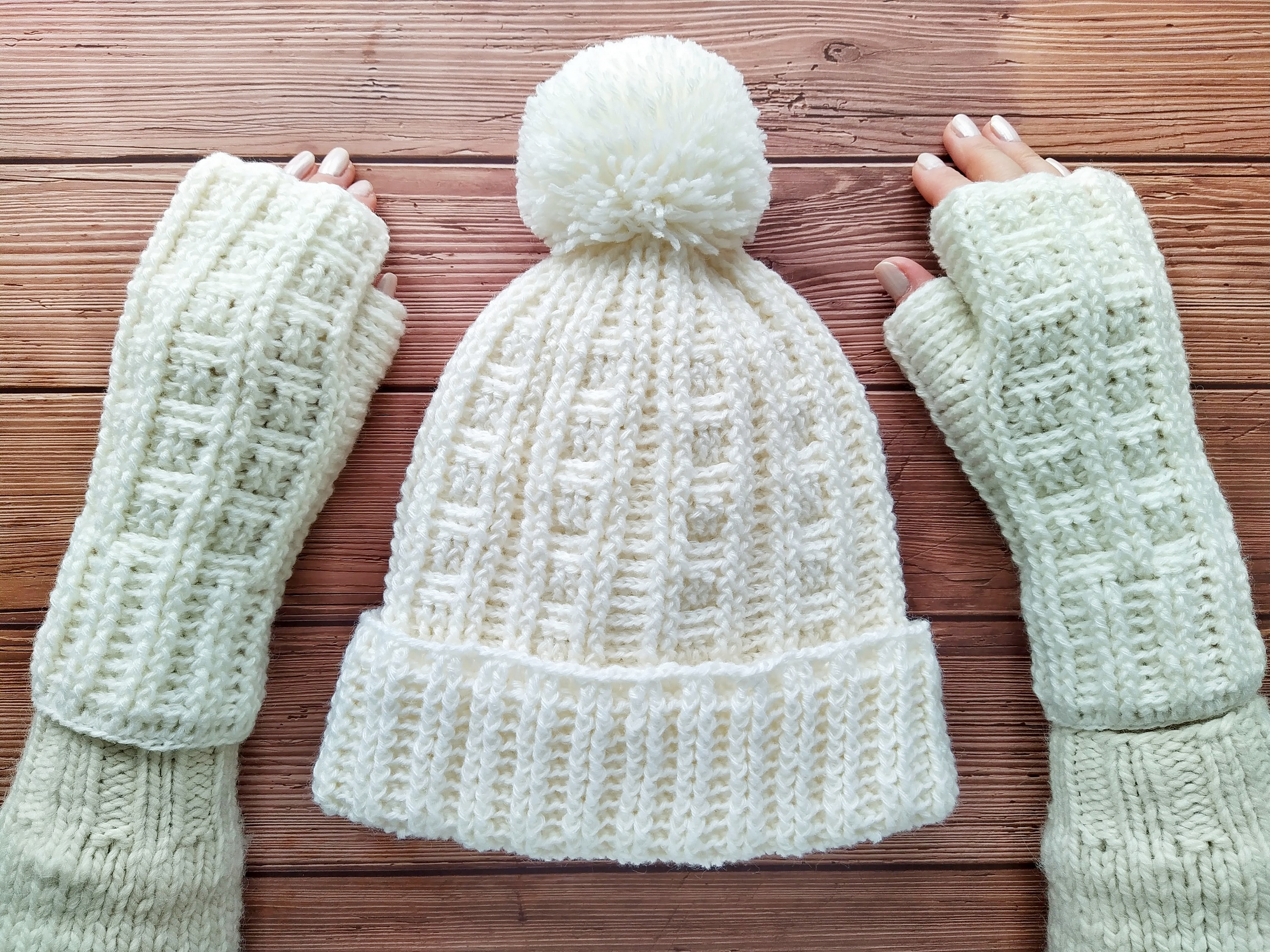 Crochet hat with pom pom ribbed brim and fingerless glove fo | Inspire ...