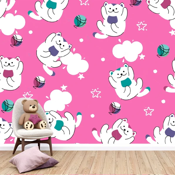 Cats patten Pink wallpaper kids bedroom wall design | Inspire Uplift
