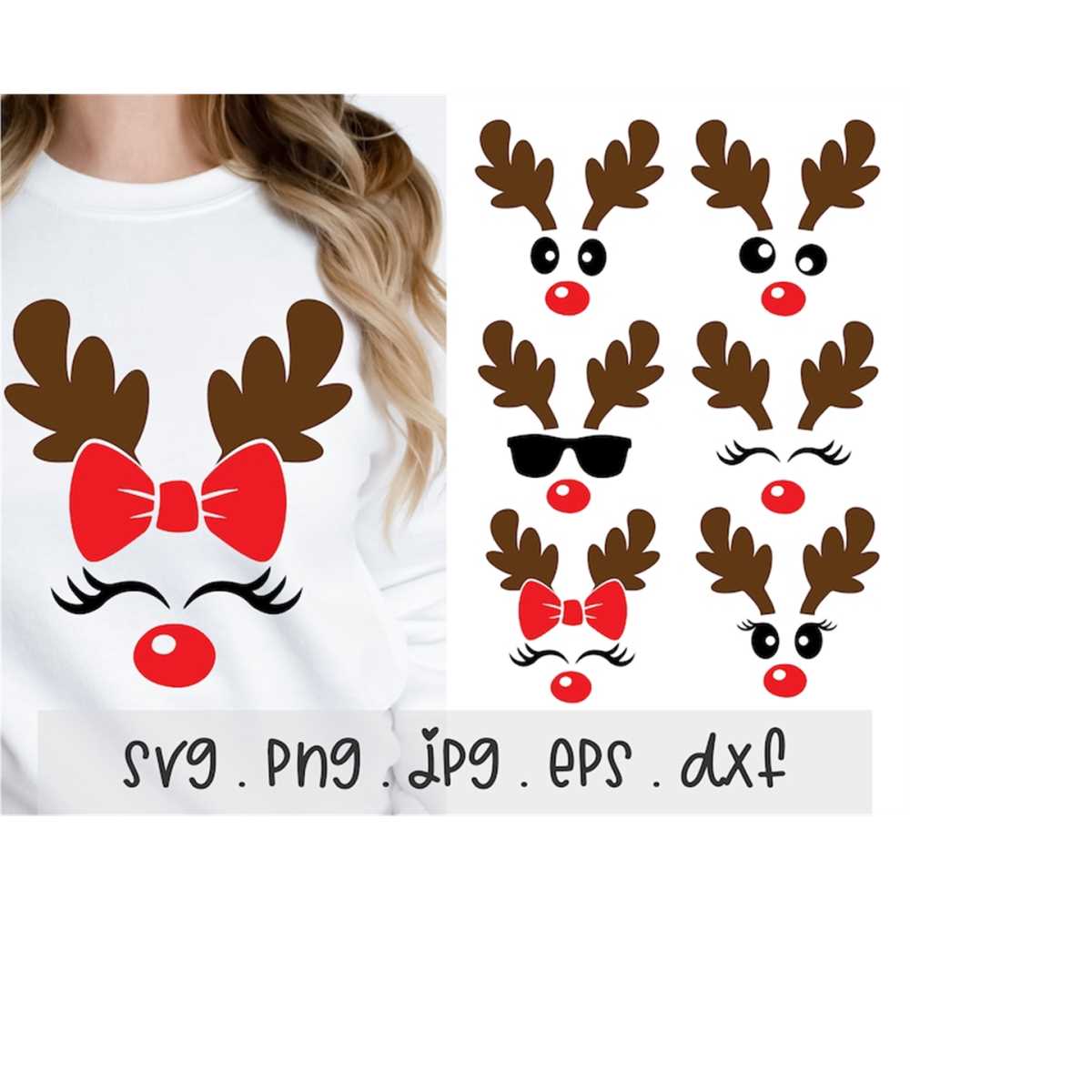 Reindeer Face Bundle SVG/PNG/JPG, Red Nosed Reindeer Set Sub | Inspire ...