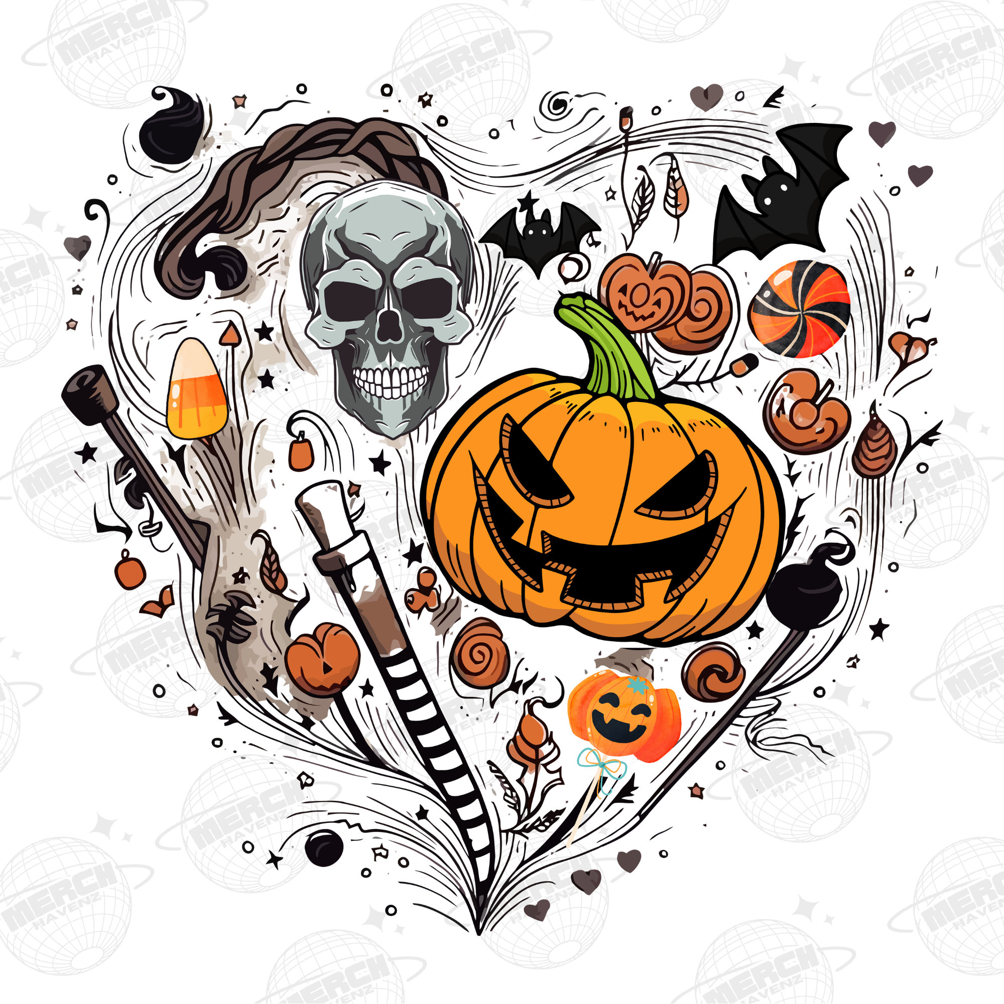Cute Heart Halloween Skull and Pumpkin Clip Art in PNG, I H | Inspire ...
